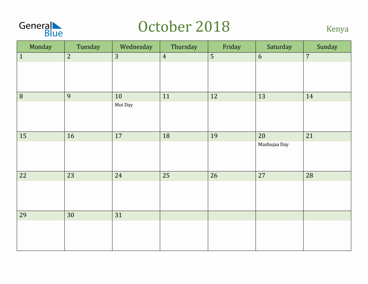 Fillable Holiday Calendar for Kenya - October 2018