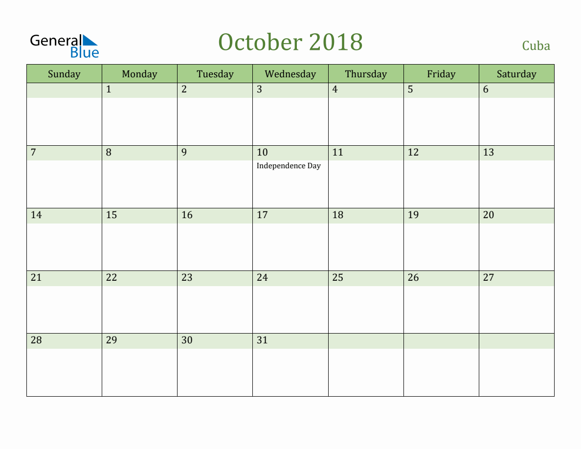 Fillable Holiday Calendar for Cuba - October 2018