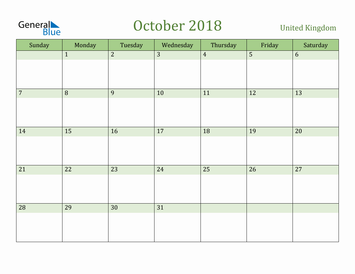 Fillable Holiday Calendar for United Kingdom - October 2018