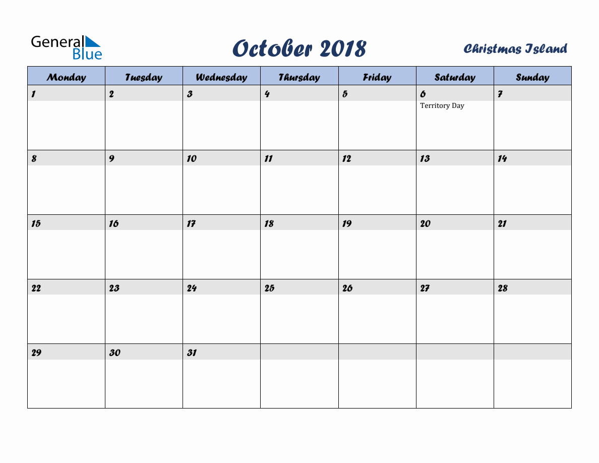 October 2018 Monthly Calendar Template with Holidays for Christmas ...