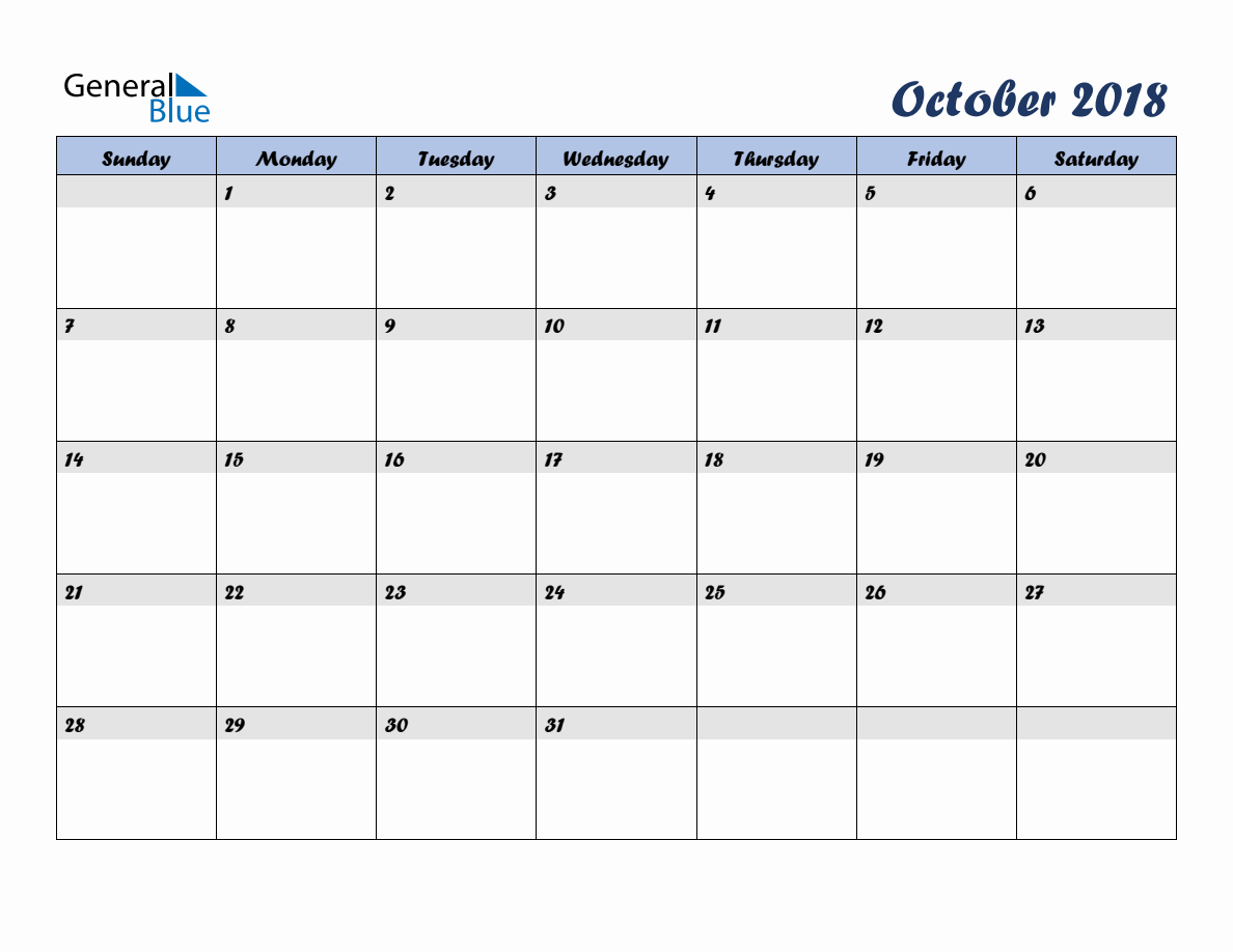 Free October 2018 Monthly Editable Calendar