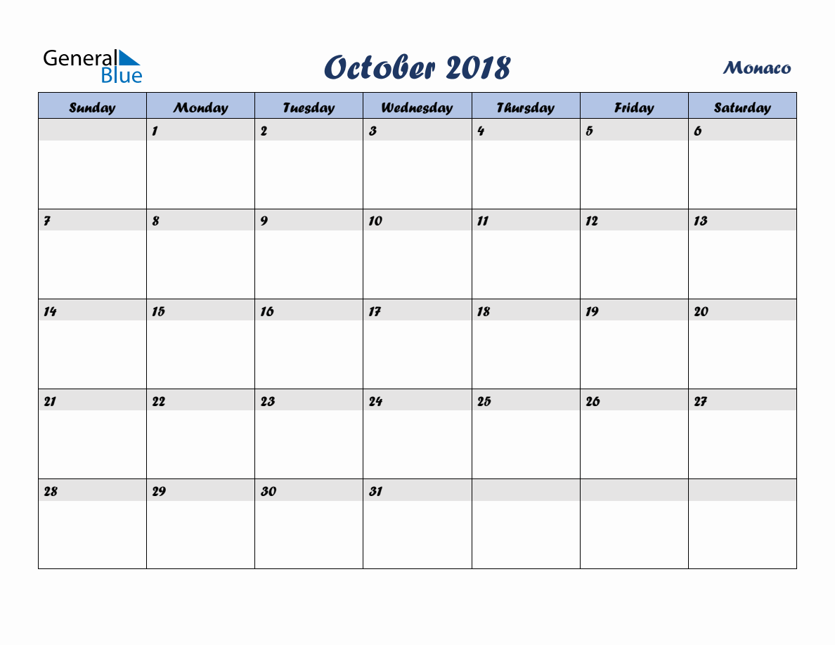 October 2018 Monthly Calendar Template with Holidays for Monaco