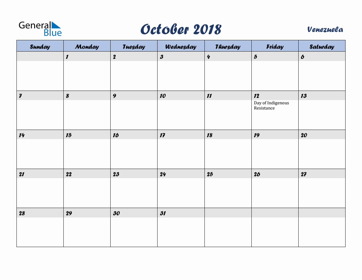 October 2018 Monthly Calendar Template with Holidays for Venezuela