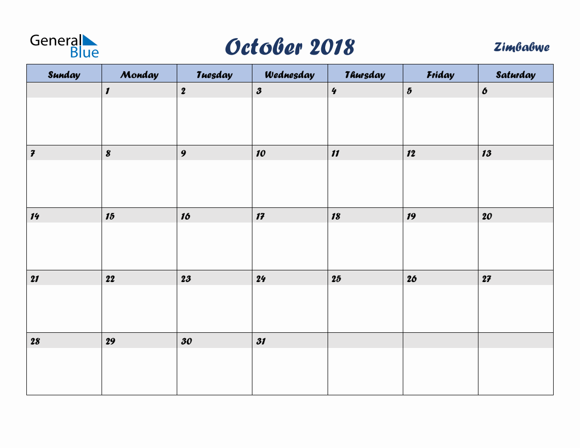 October 2018 Monthly Calendar Template with Holidays for Zimbabwe