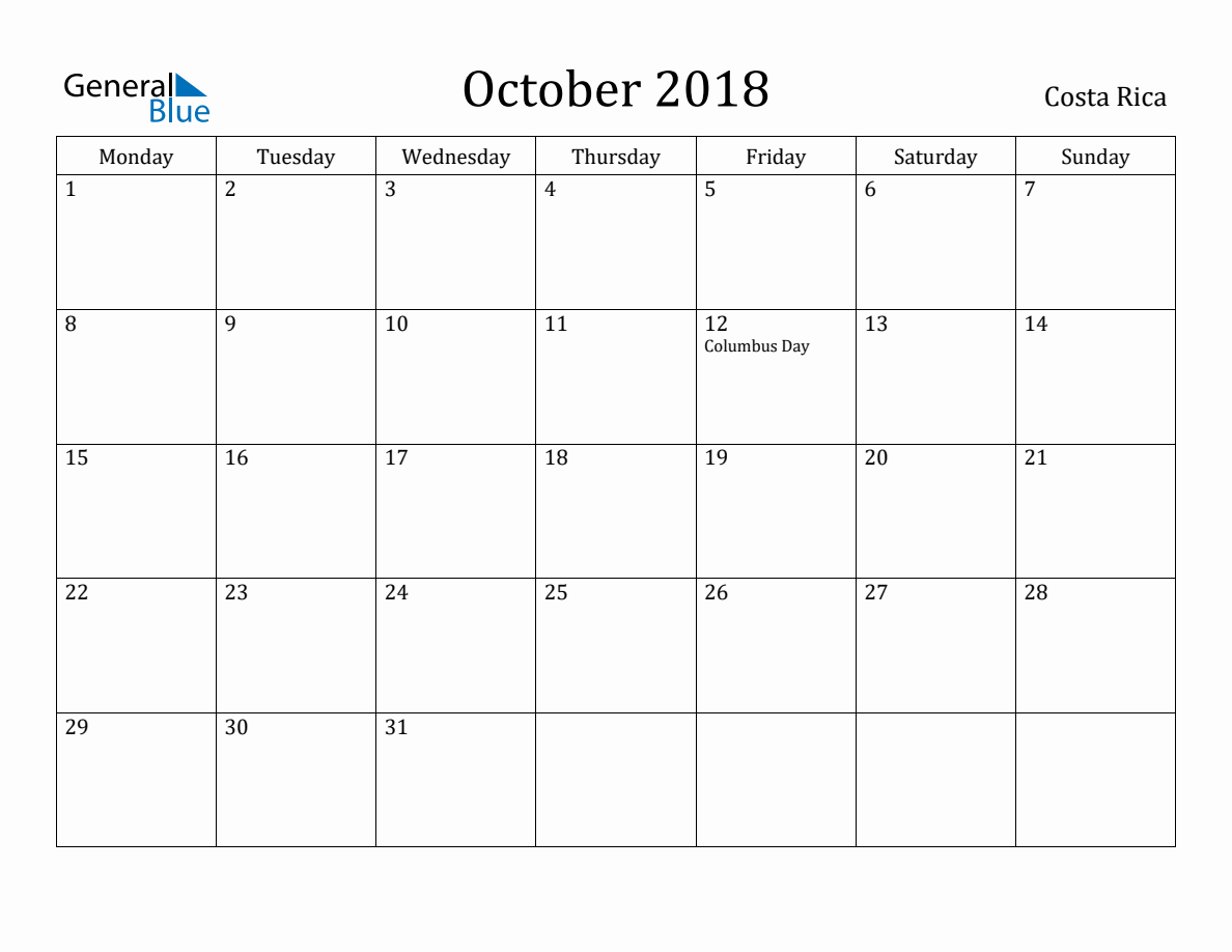 Costa Rica Monthly Calendar - October 2018 (Monday Start)