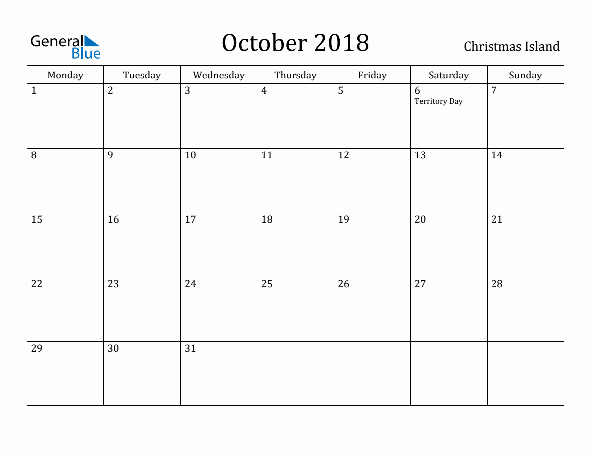 Christmas Island Monthly Calendar - October 2018 (Monday Start)