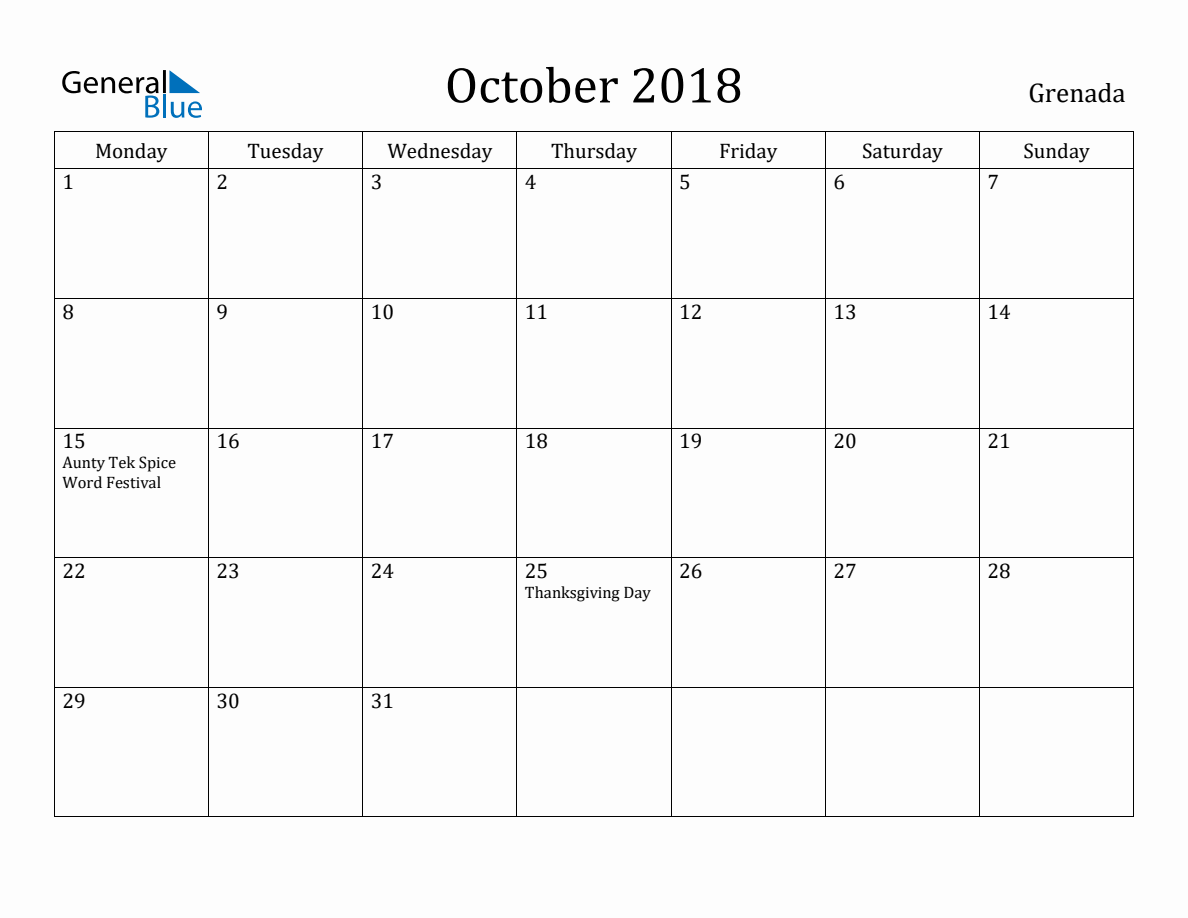 Grenada Monthly Calendar - October 2018 (Monday Start)