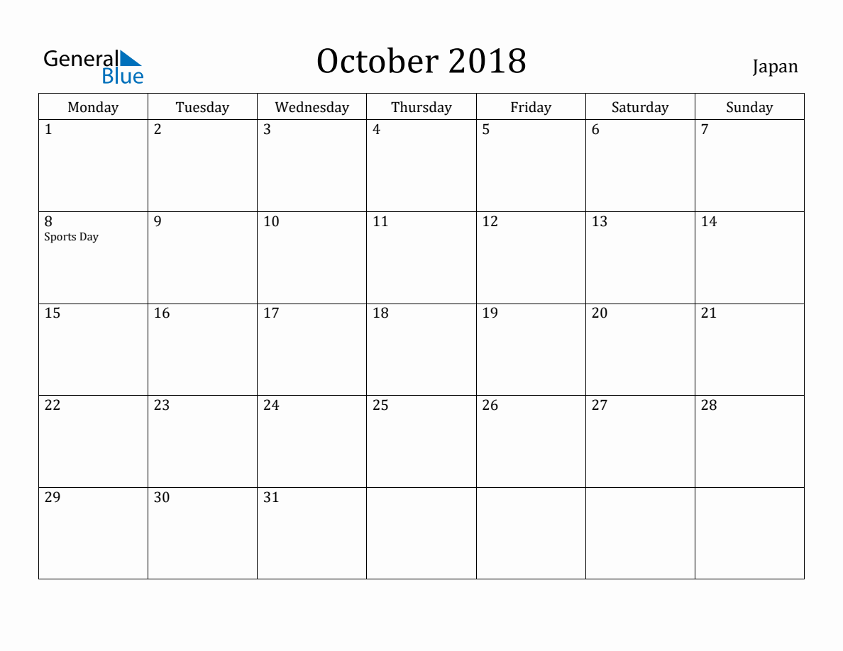 Japan Monthly Calendar - October 2018 (Monday Start)