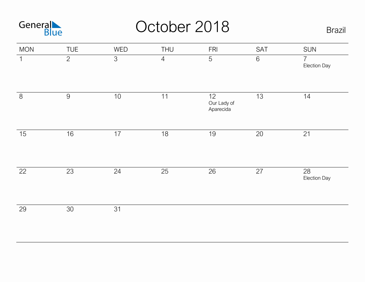 Printable October 2018 Monthly Calendar with Holidays for Brazil ...