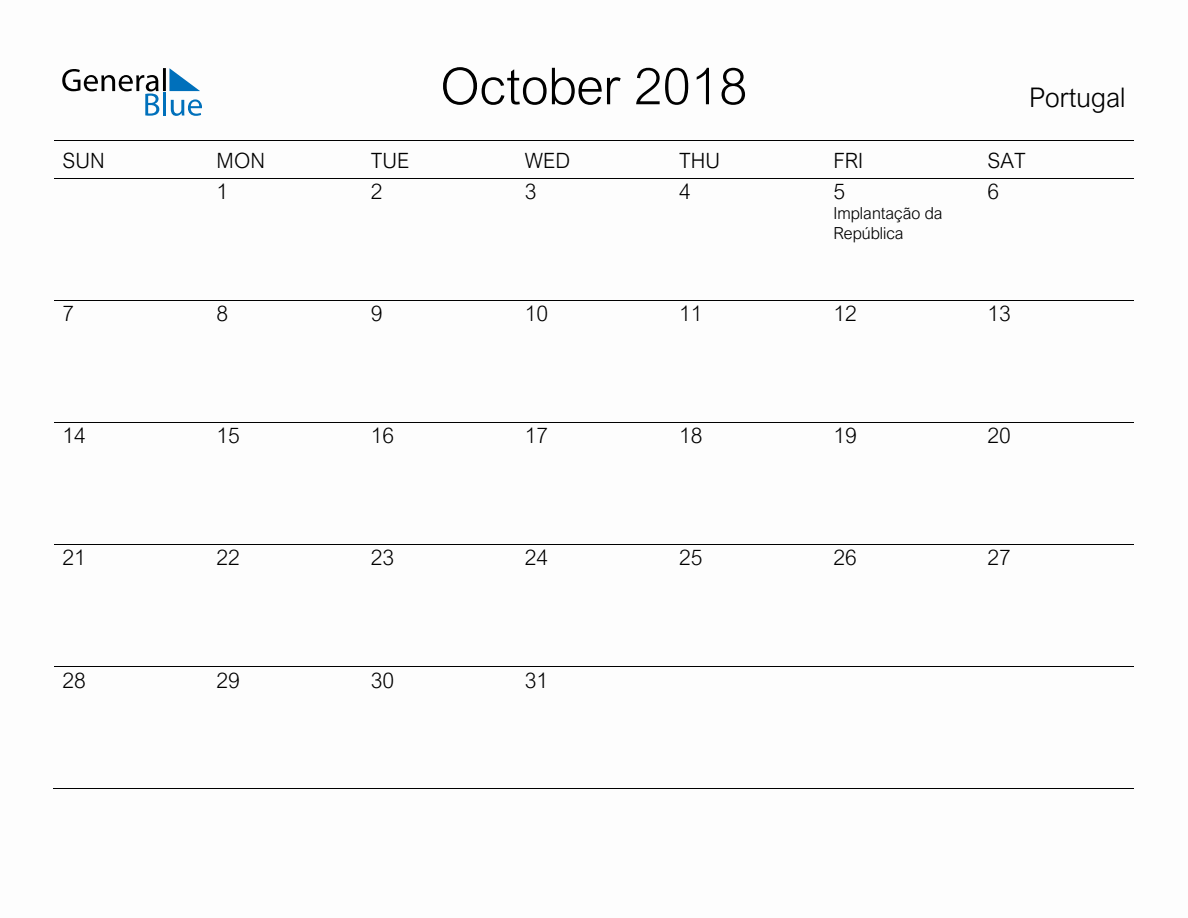 Printable October 2018 Monthly Calendar with Holidays for Portugal
