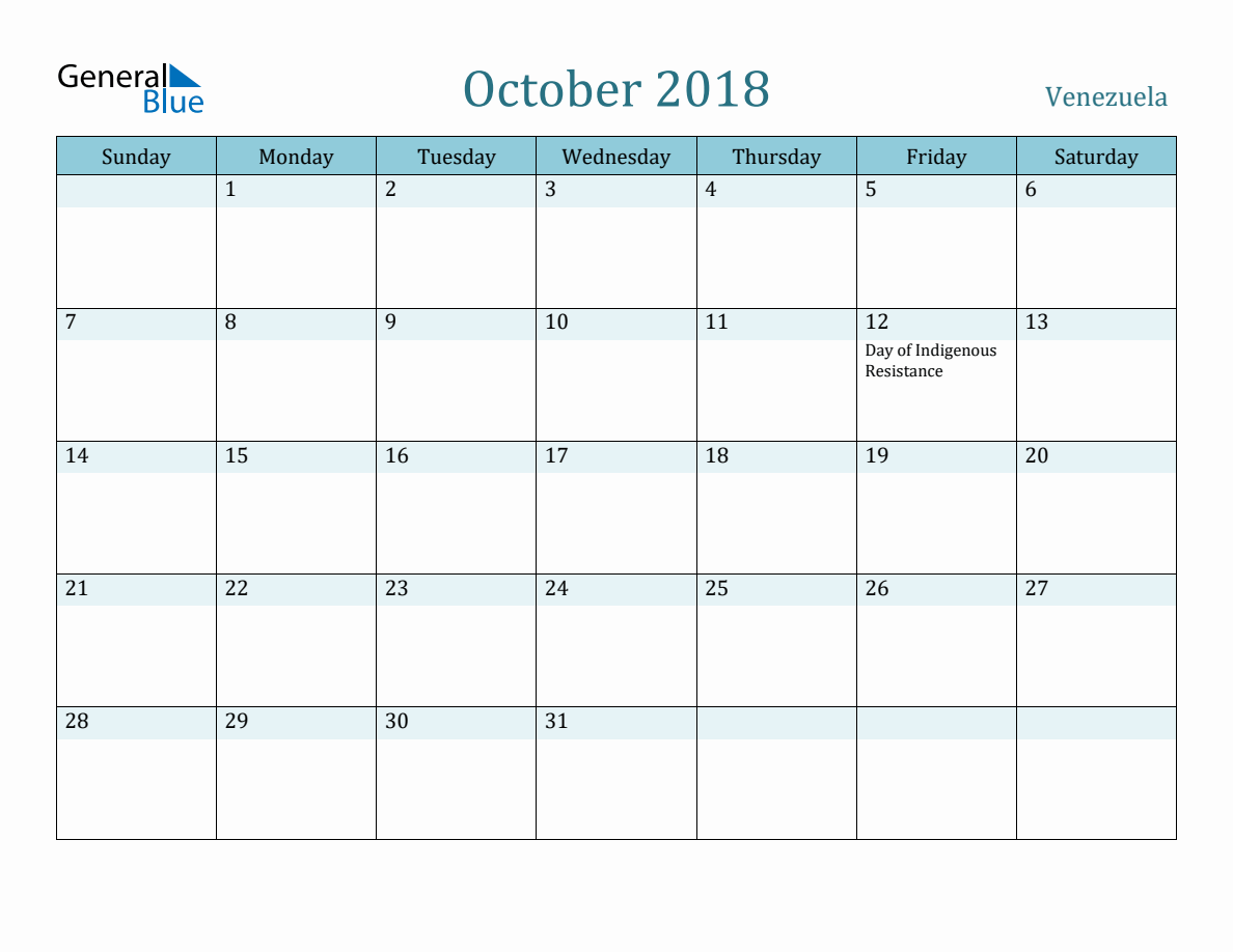 Venezuela Holiday Calendar for October 2018