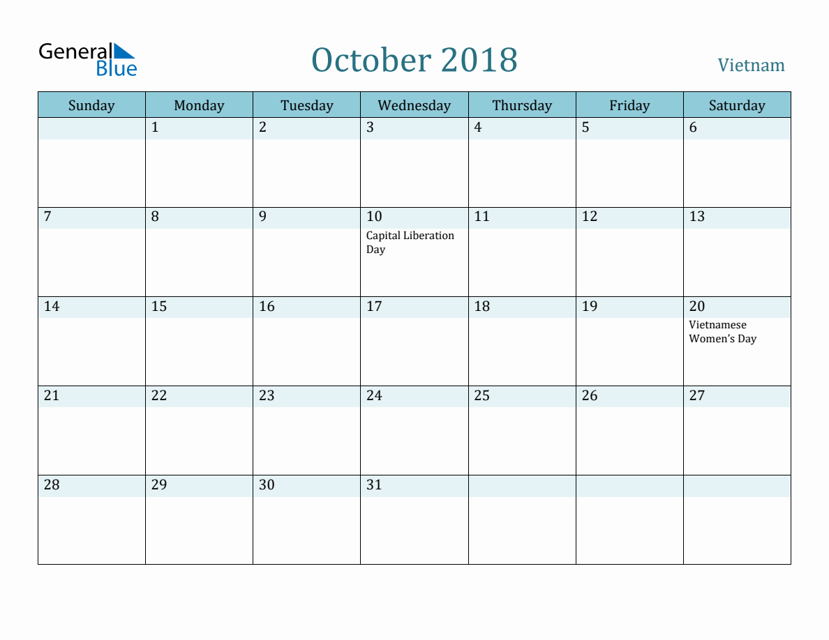 Vietnam Holiday Calendar for October 2018