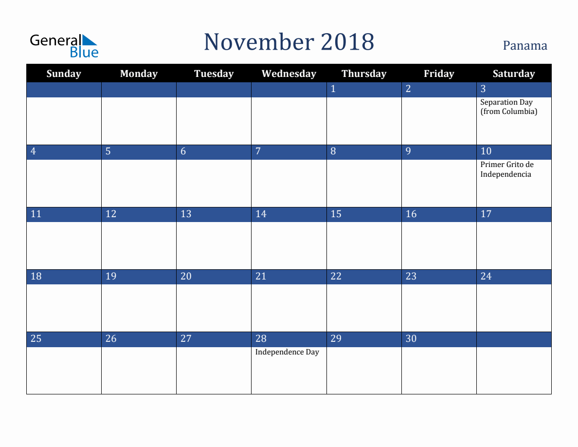 November 2018 Panama Holiday Calendar