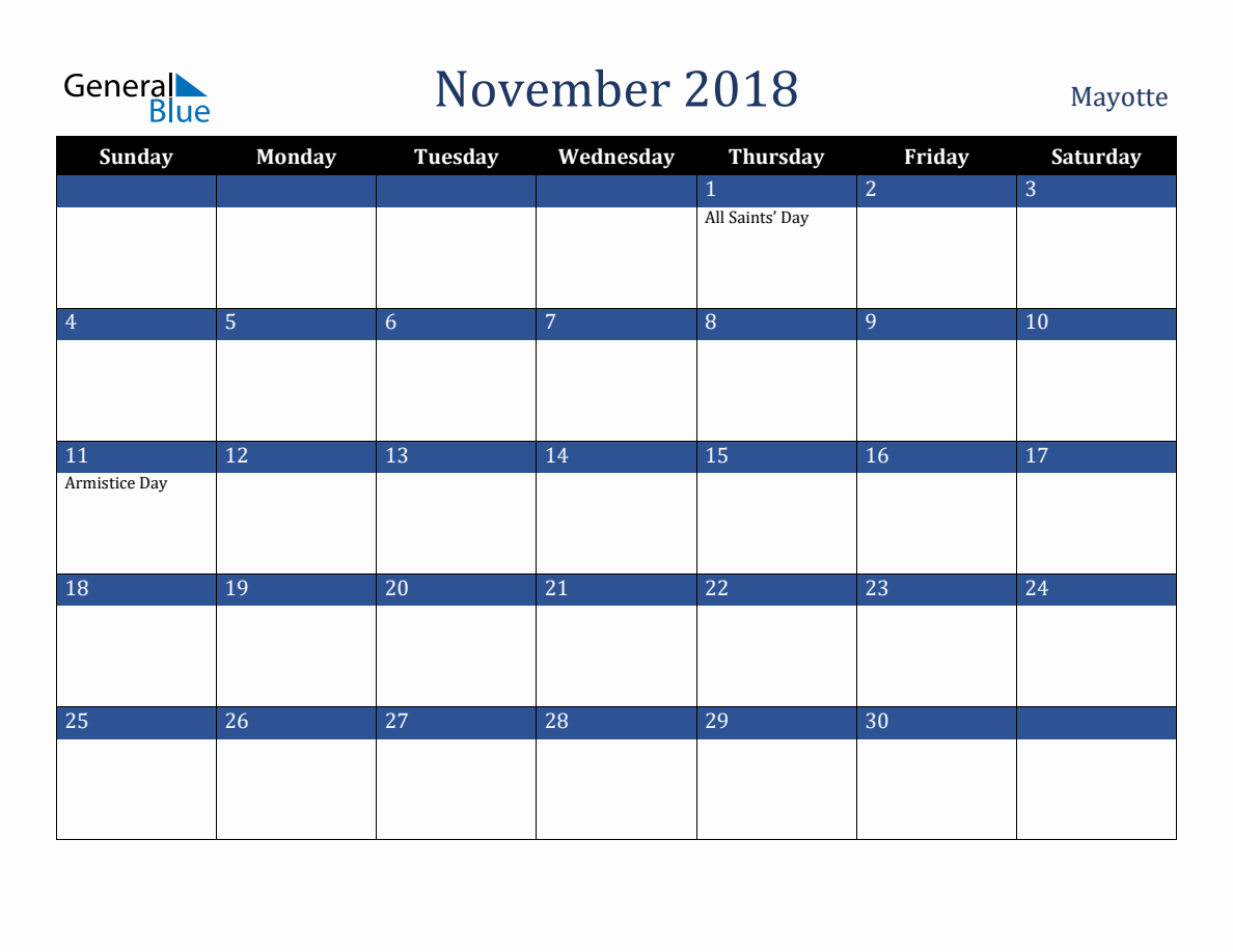 November 2018 Mayotte Holiday Calendar