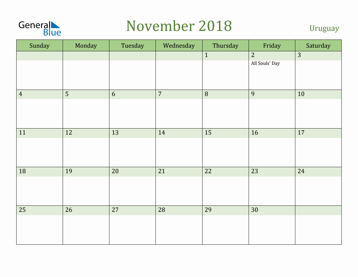 Fillable Holiday Calendar for Uruguay - November 2018