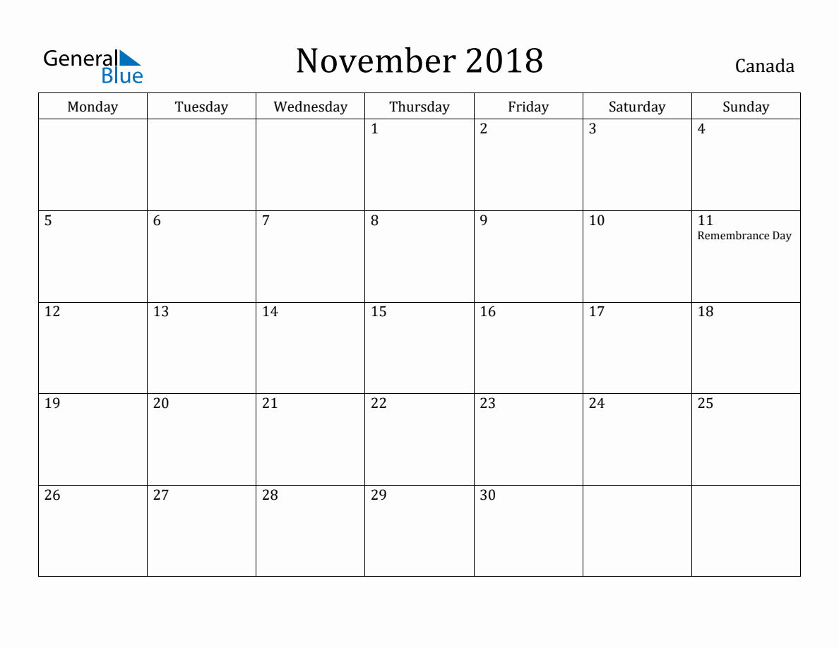 November 2018 Monthly Calendar with Canada Holidays (Monday Start)