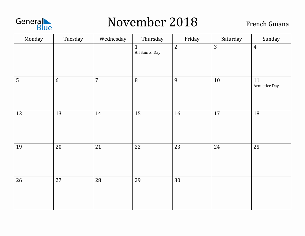 French Guiana Monthly Calendar - November 2018 (Monday Start)