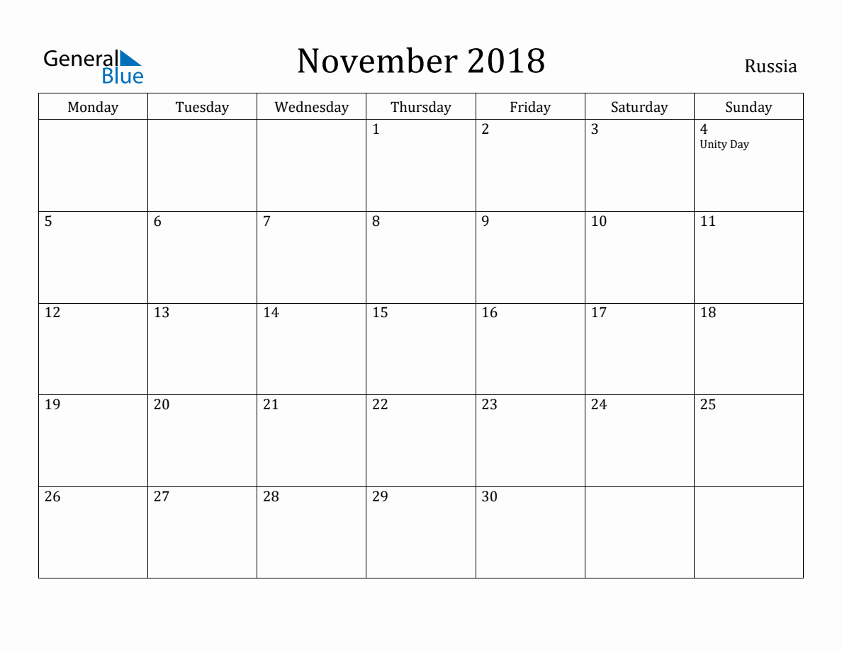 Russia Monthly Calendar - November 2018 (Monday Start)