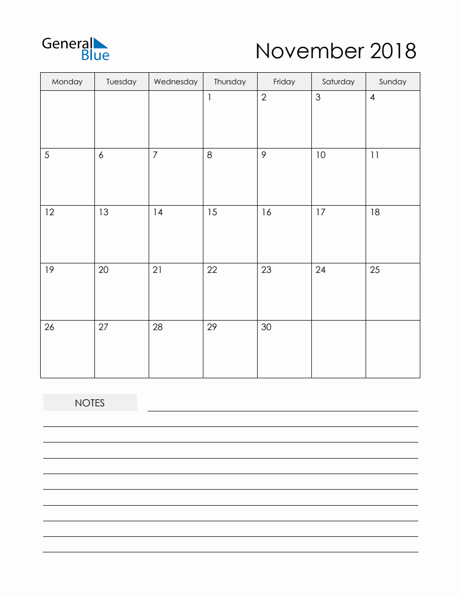 November 2018 Monthly Planner Calendar - Monday Start