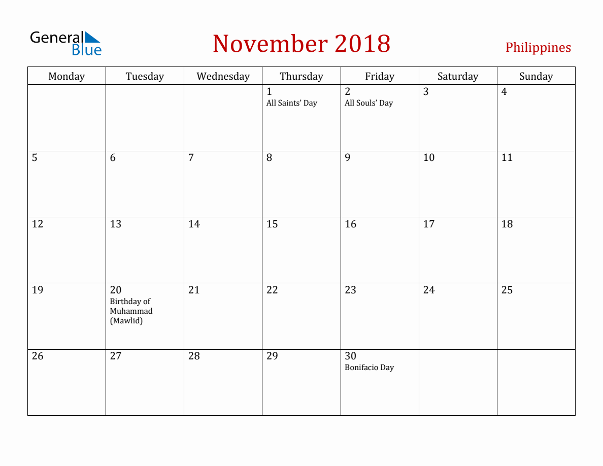 November 2018 Philippines Monthly Calendar with Holidays