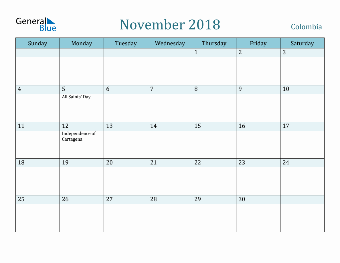 Colombia Holiday Calendar for November 2018