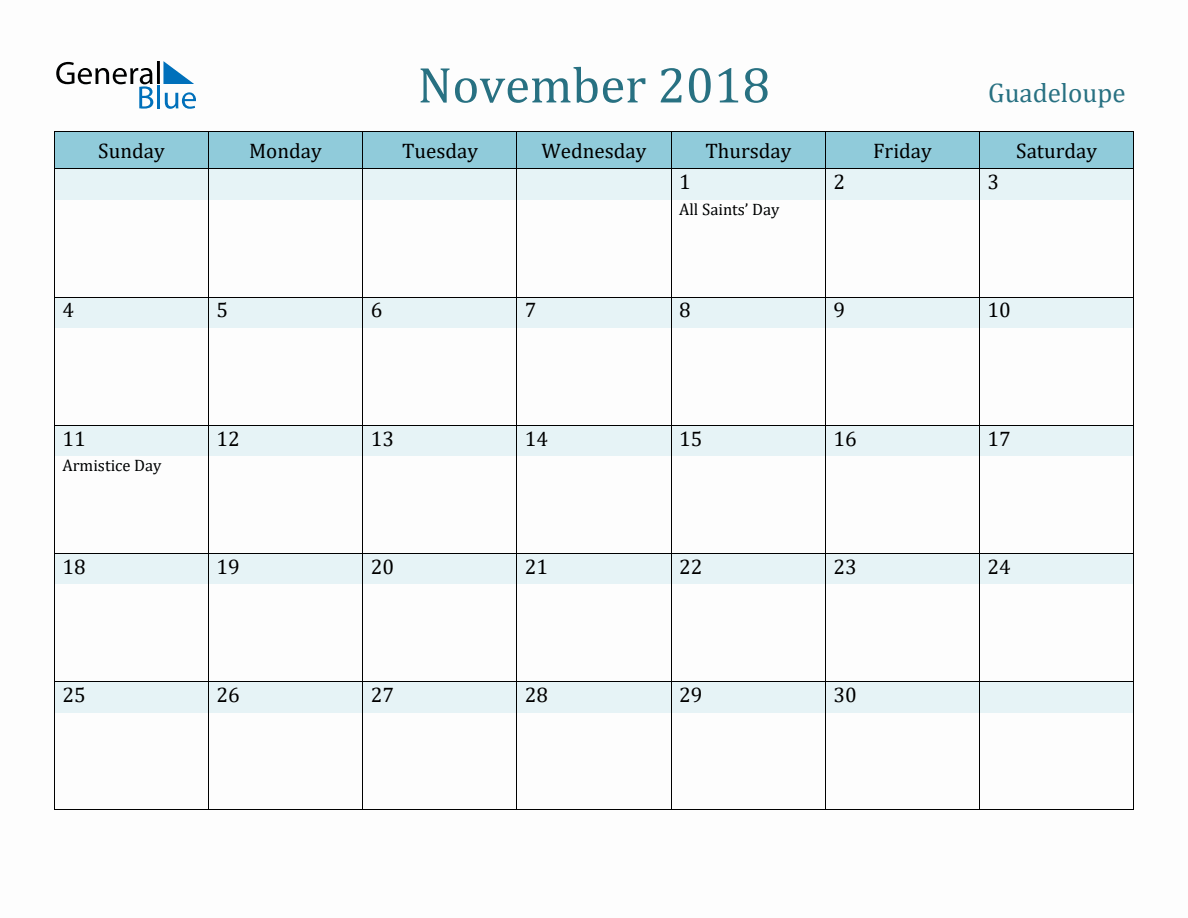 Guadeloupe Holiday Calendar for November 2018
