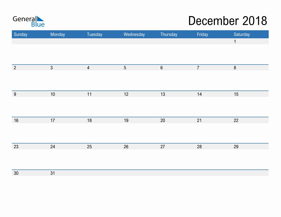 December 2018 Monthly Calendar (PDF, Word, Excel)