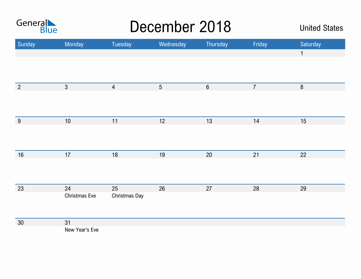 December 2018 Monthly Calendars with United States Holidays