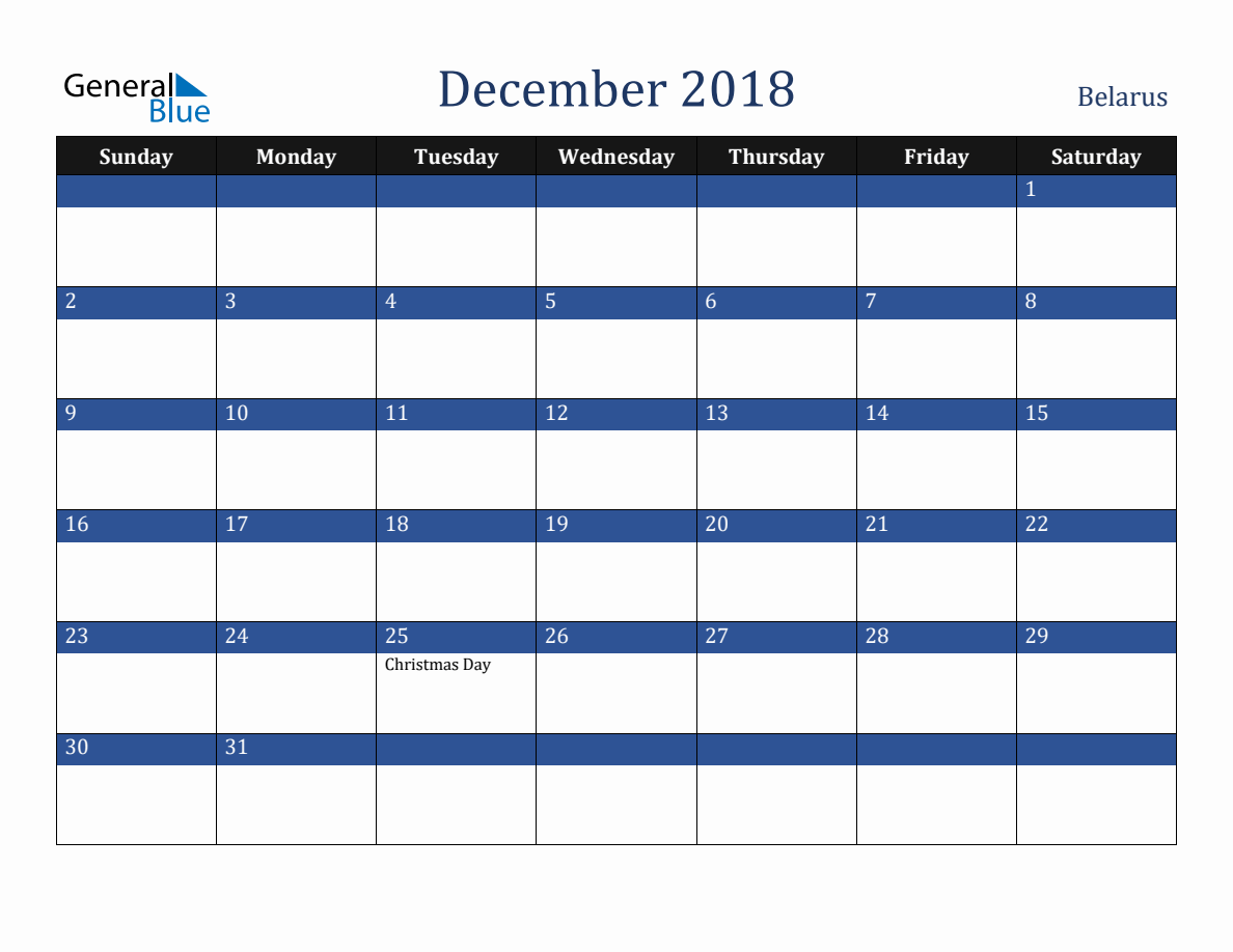 December 2018 Belarus Holiday Calendar