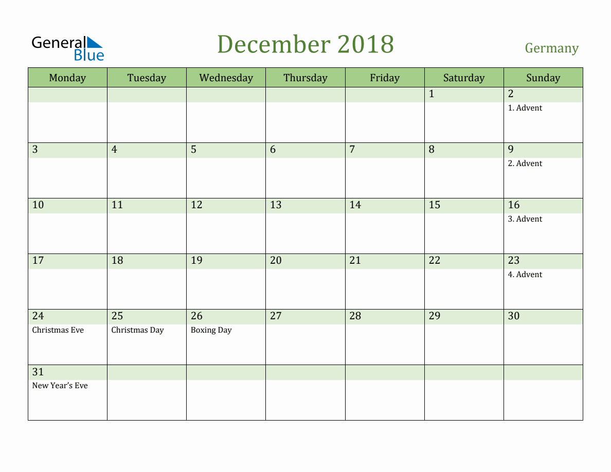 Fillable Holiday Calendar for Germany - December 2018