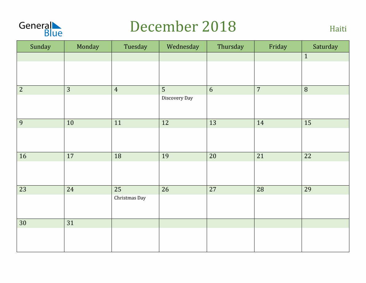 Fillable Holiday Calendar for Haiti - December 2018