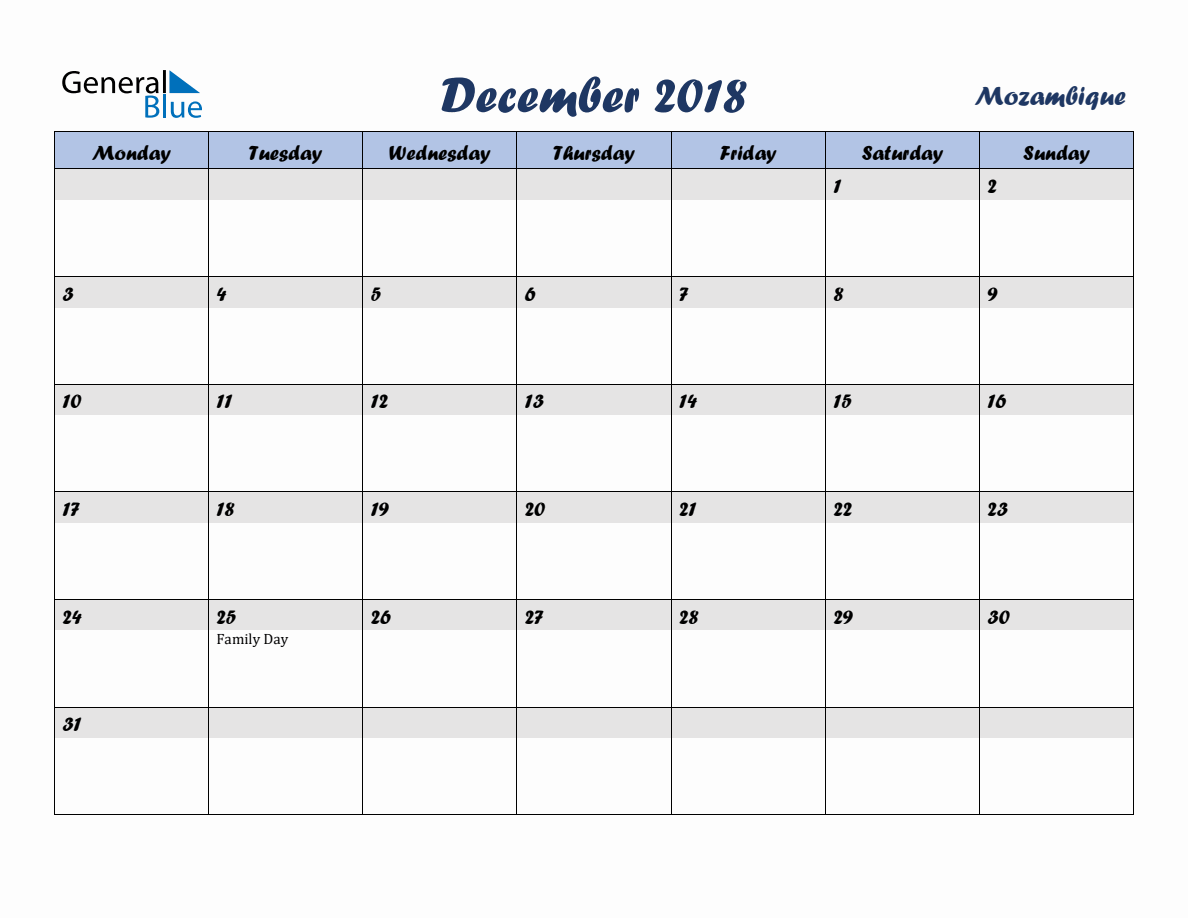 December 2018 Monthly Calendar Template with Holidays for Mozambique ...
