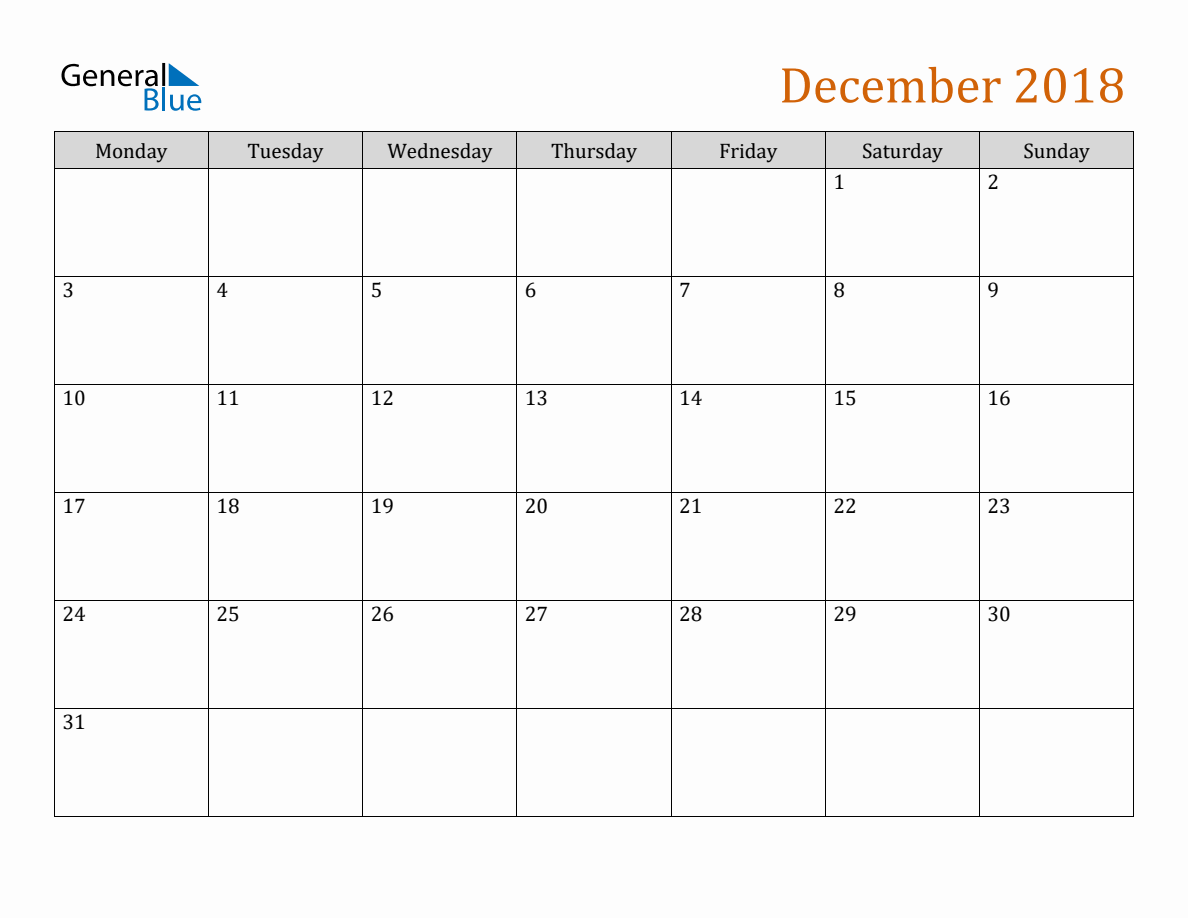 December 2018 Generic Monthly Calendar