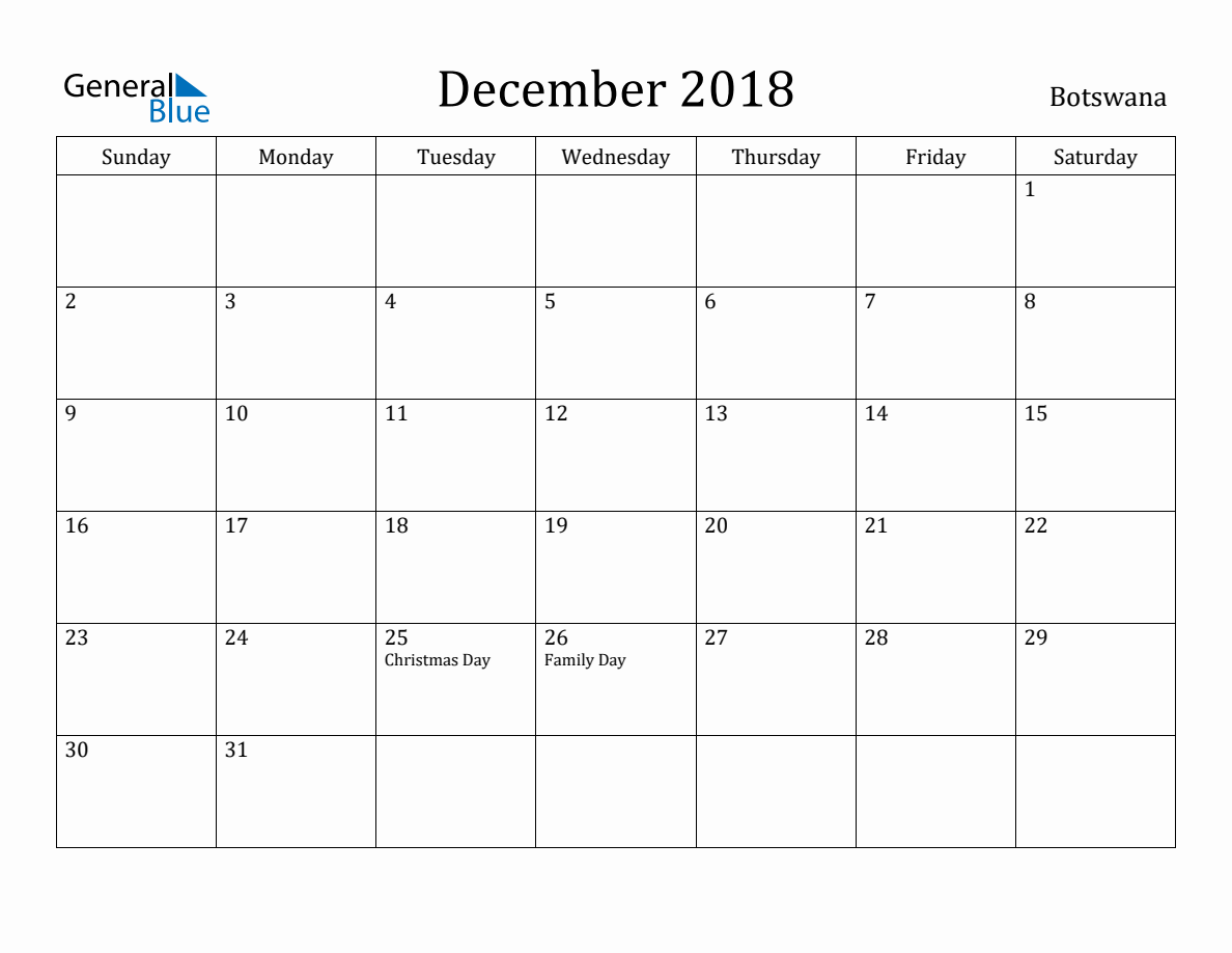 December 2018 Monthly Calendar with Botswana Holidays