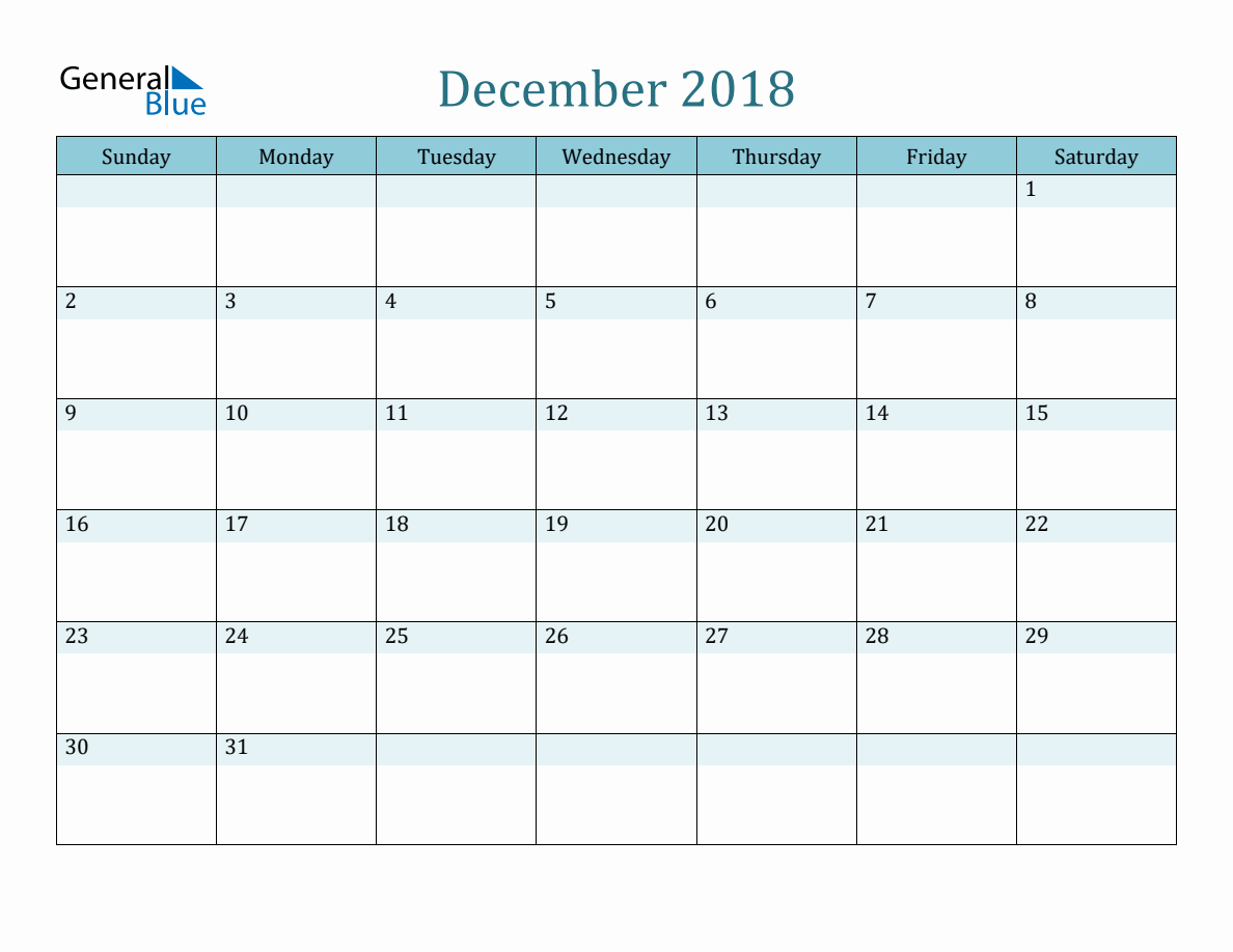 December 2018 Monthly Calendar Template (Sunday Start)