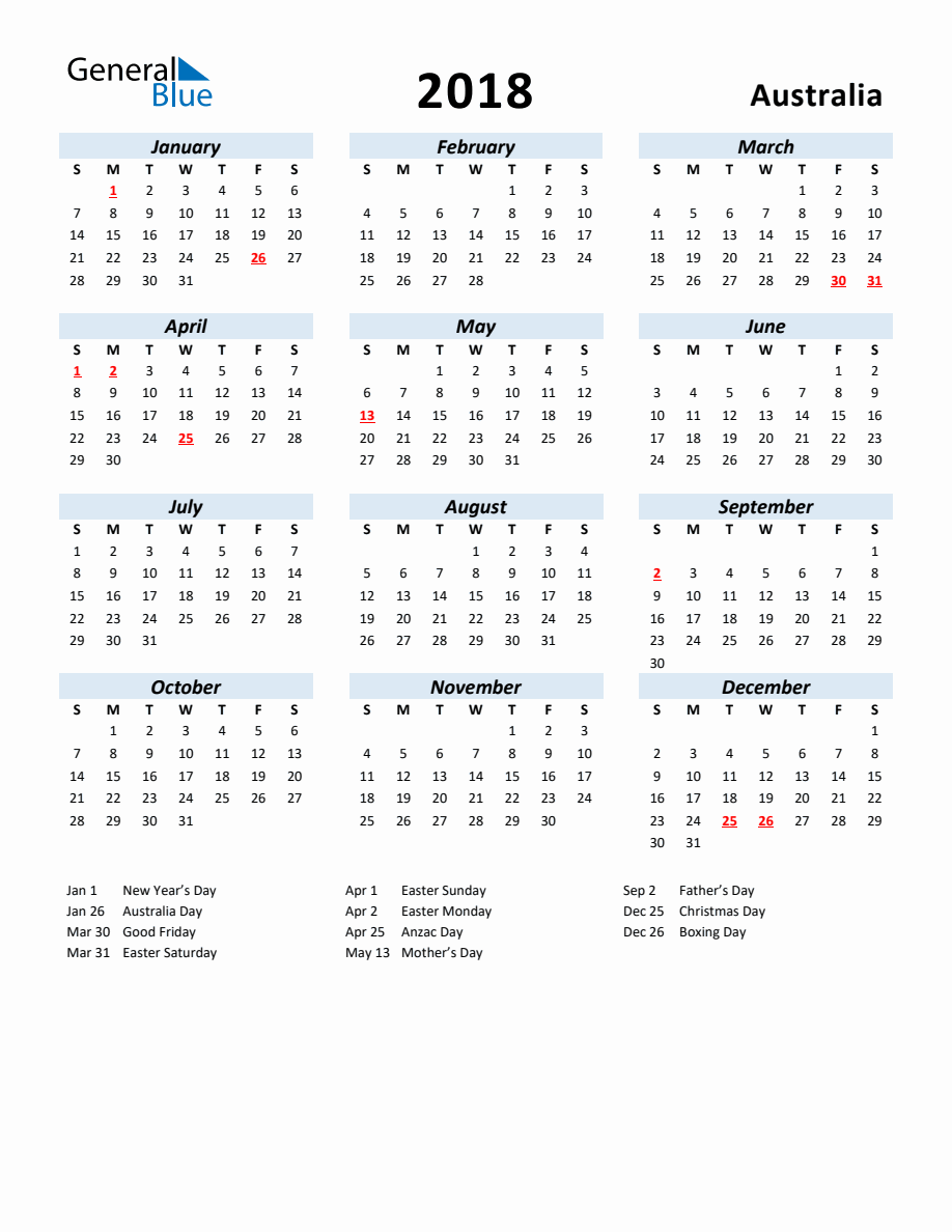 2018 Yearly Calendar for Australia with Holidays