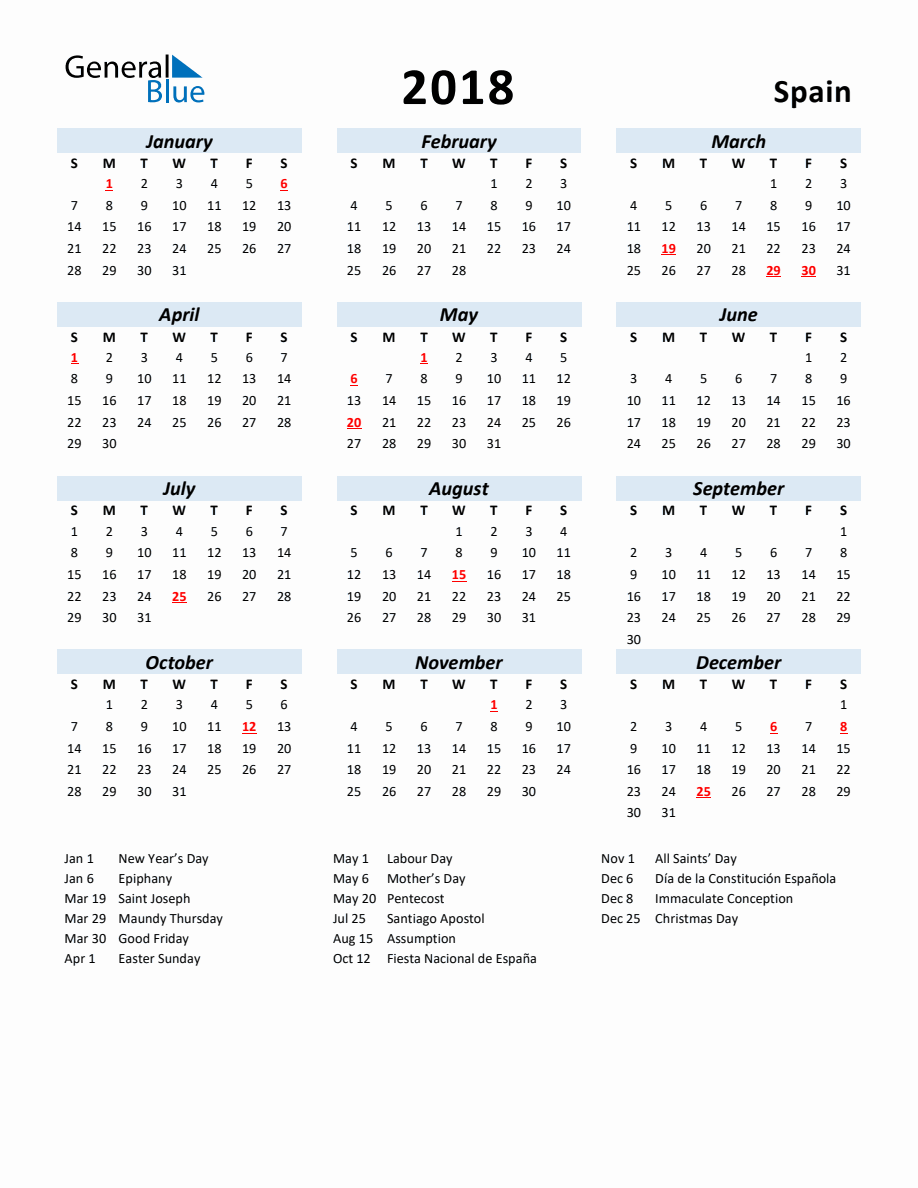 2018 Yearly Calendar for Spain with Holidays