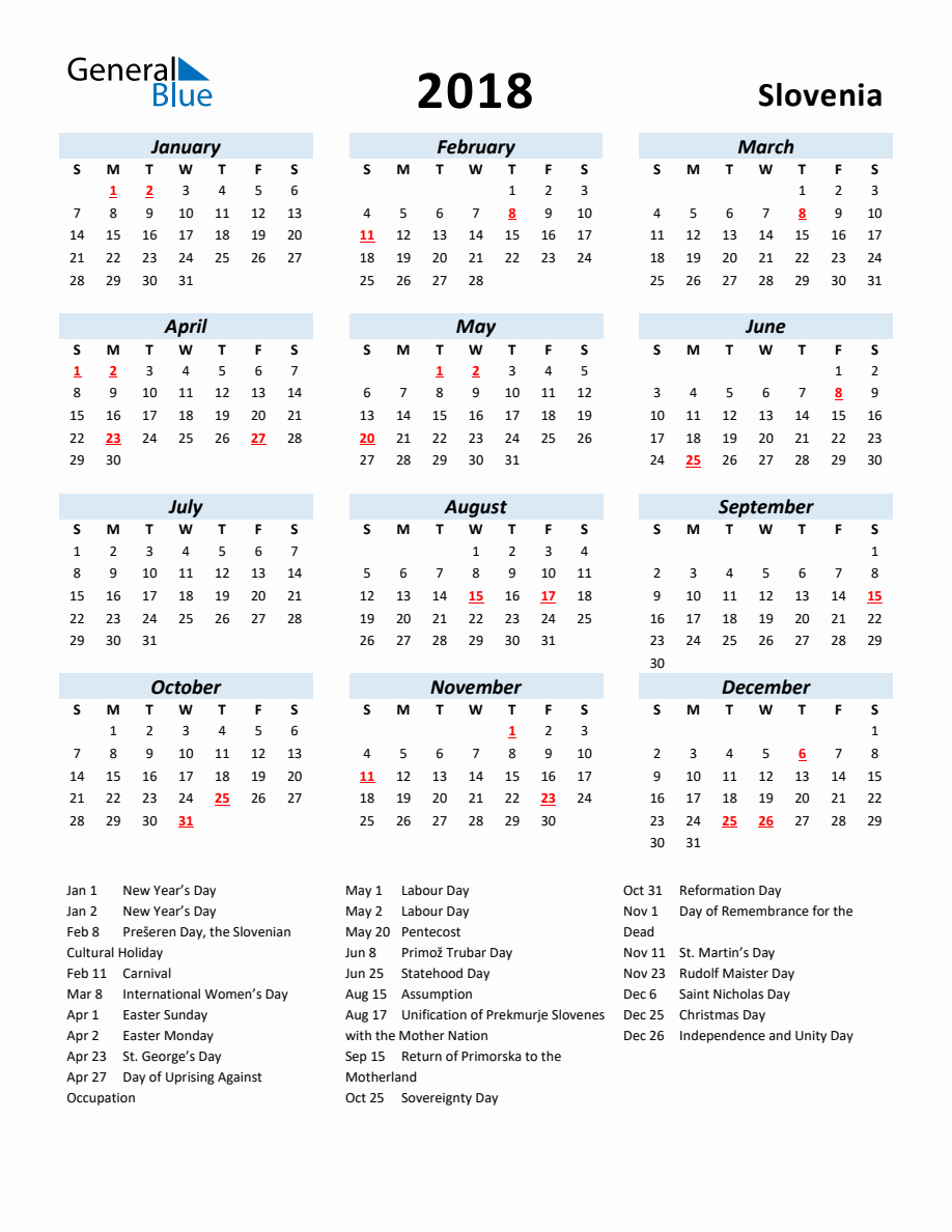 2018 Yearly Calendar for Slovenia with Holidays