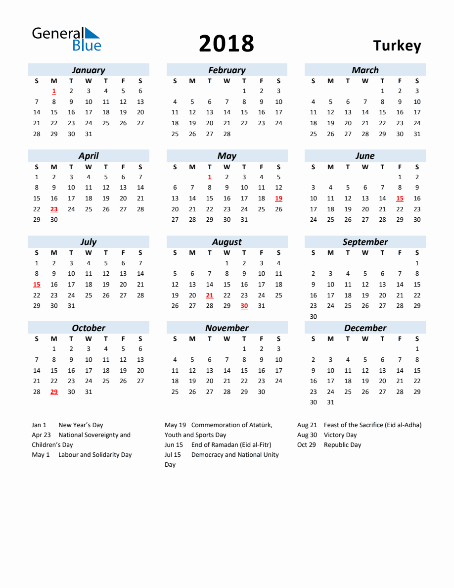 2018 Yearly Calendar for Turkey with Holidays