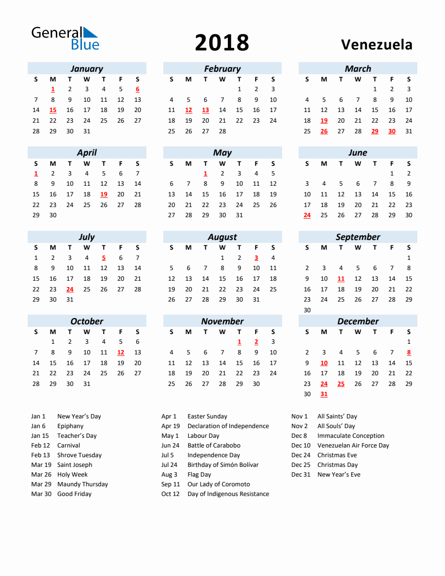 2018 Yearly Calendar for Venezuela with Holidays