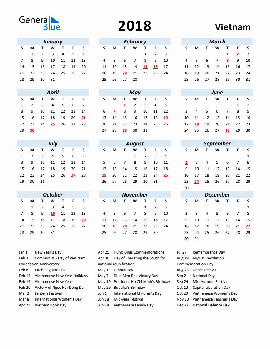 2018 Yearly Calendar for Vietnam with Holidays