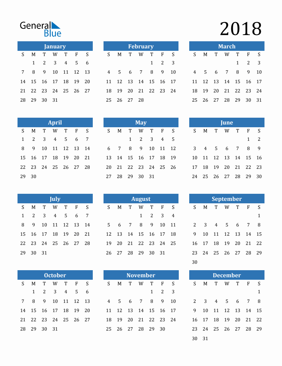 2018 Yearly Calendar