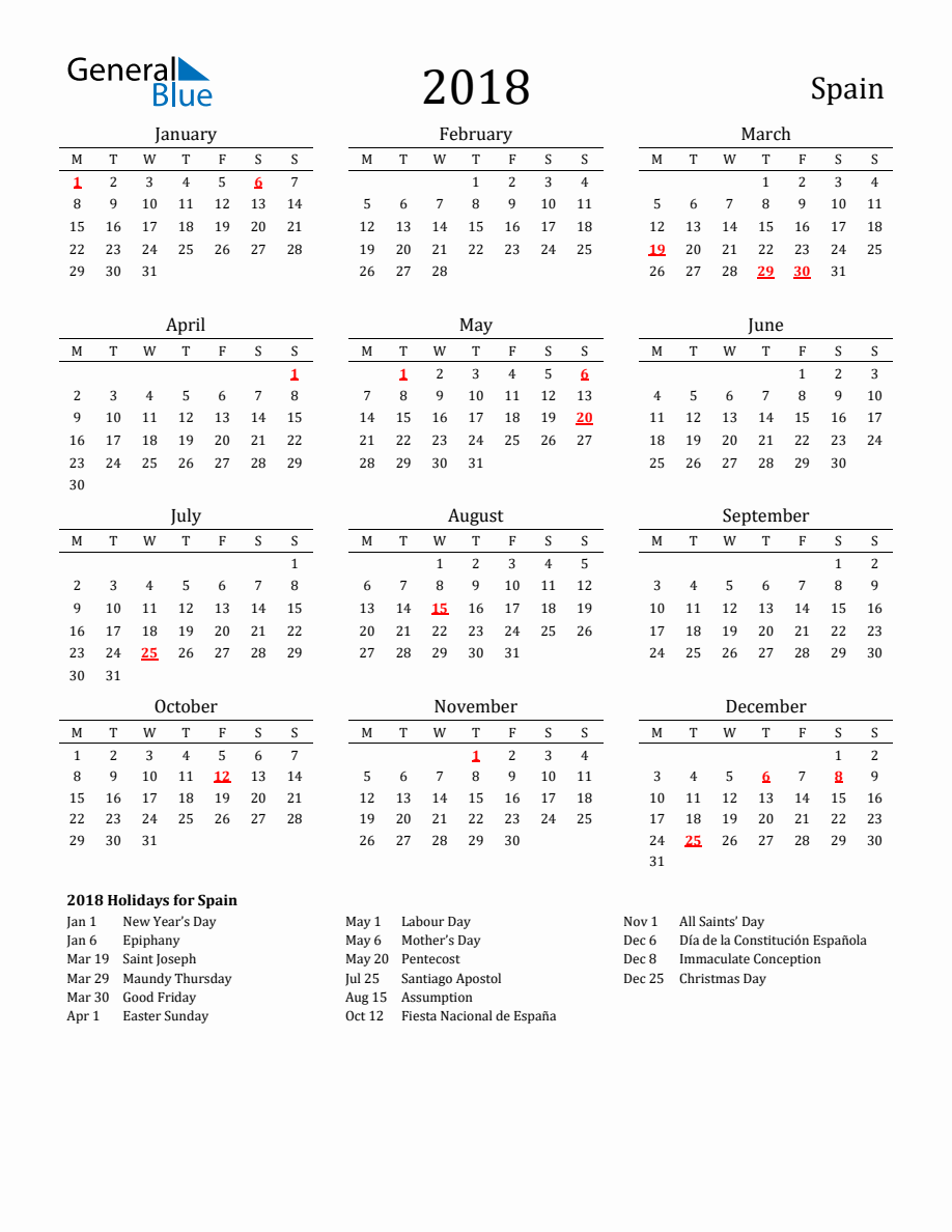 Free Spain Holidays Calendar for Year 2018 - Monday Start