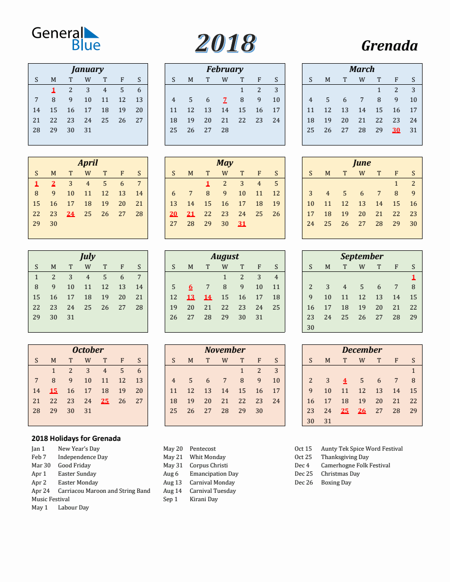 2018 Grenada Calendar with Sunday Start