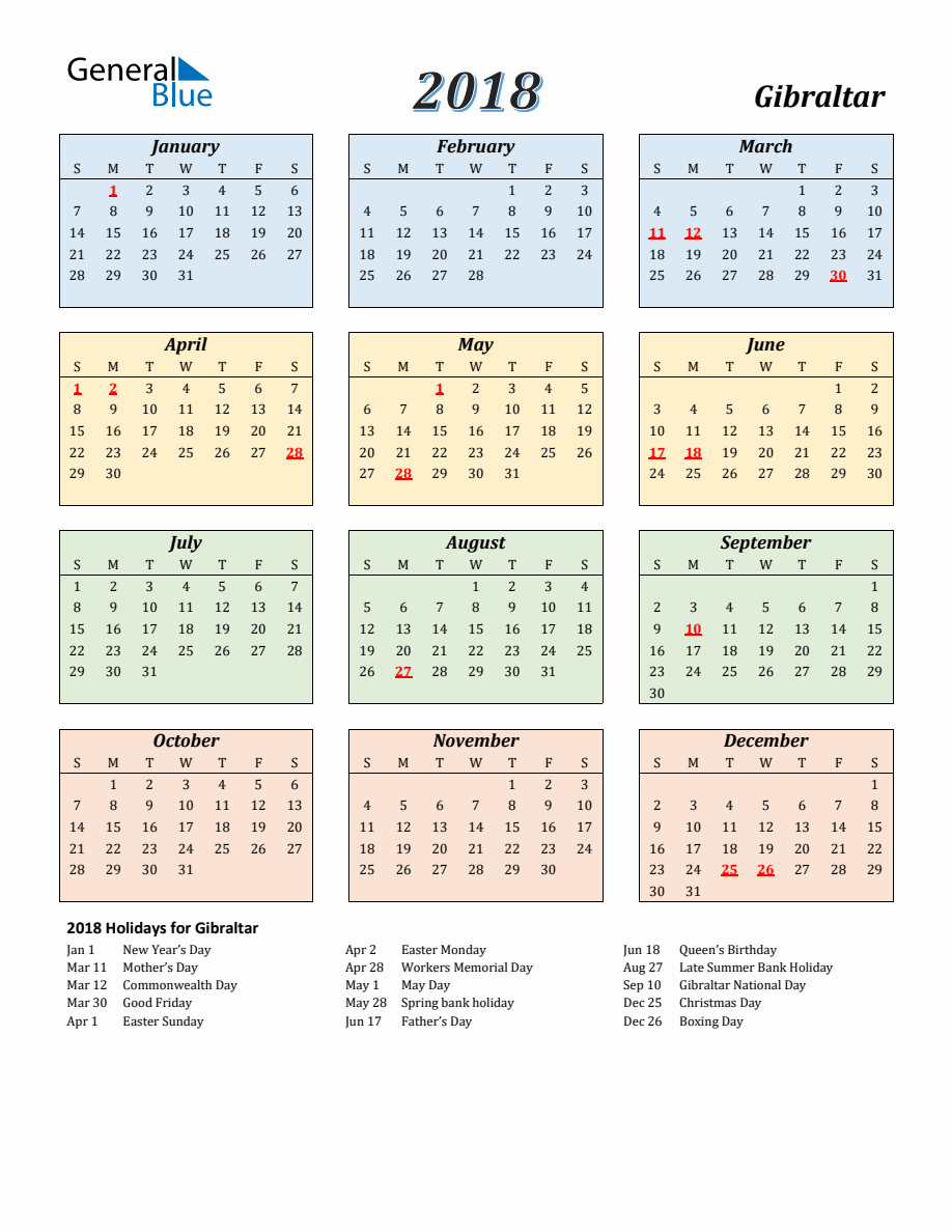 2018 Gibraltar Calendar