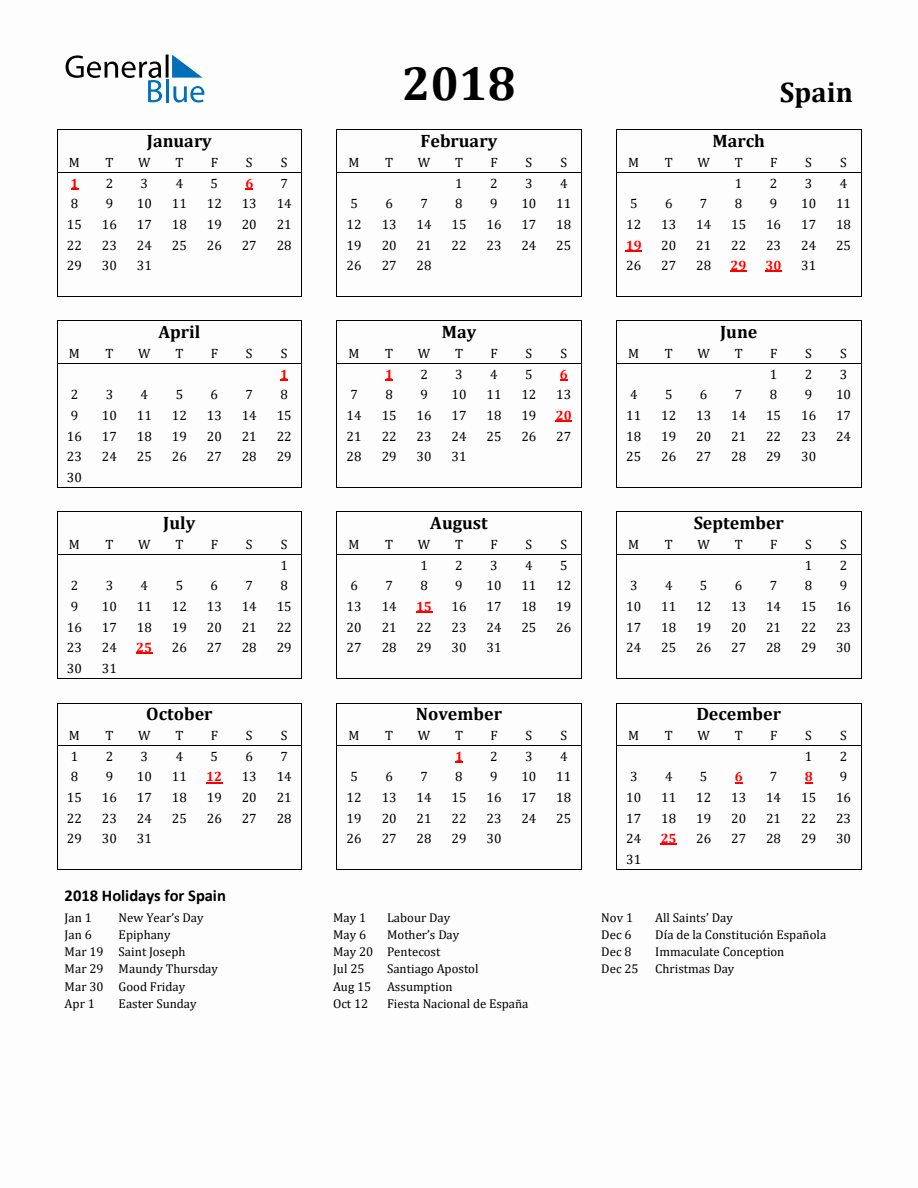 Free Printable 2018 Spain Holiday Calendar