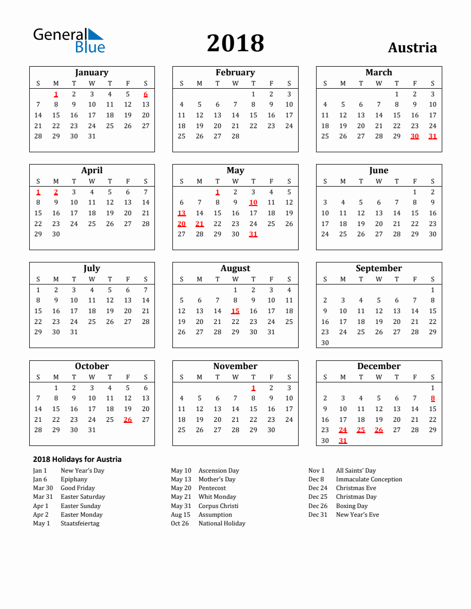 Free Printable 2018 Austria Holiday Calendar