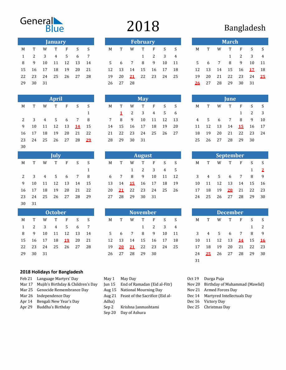 Bangladesh 2018 Calendar with Holidays - Monday Start