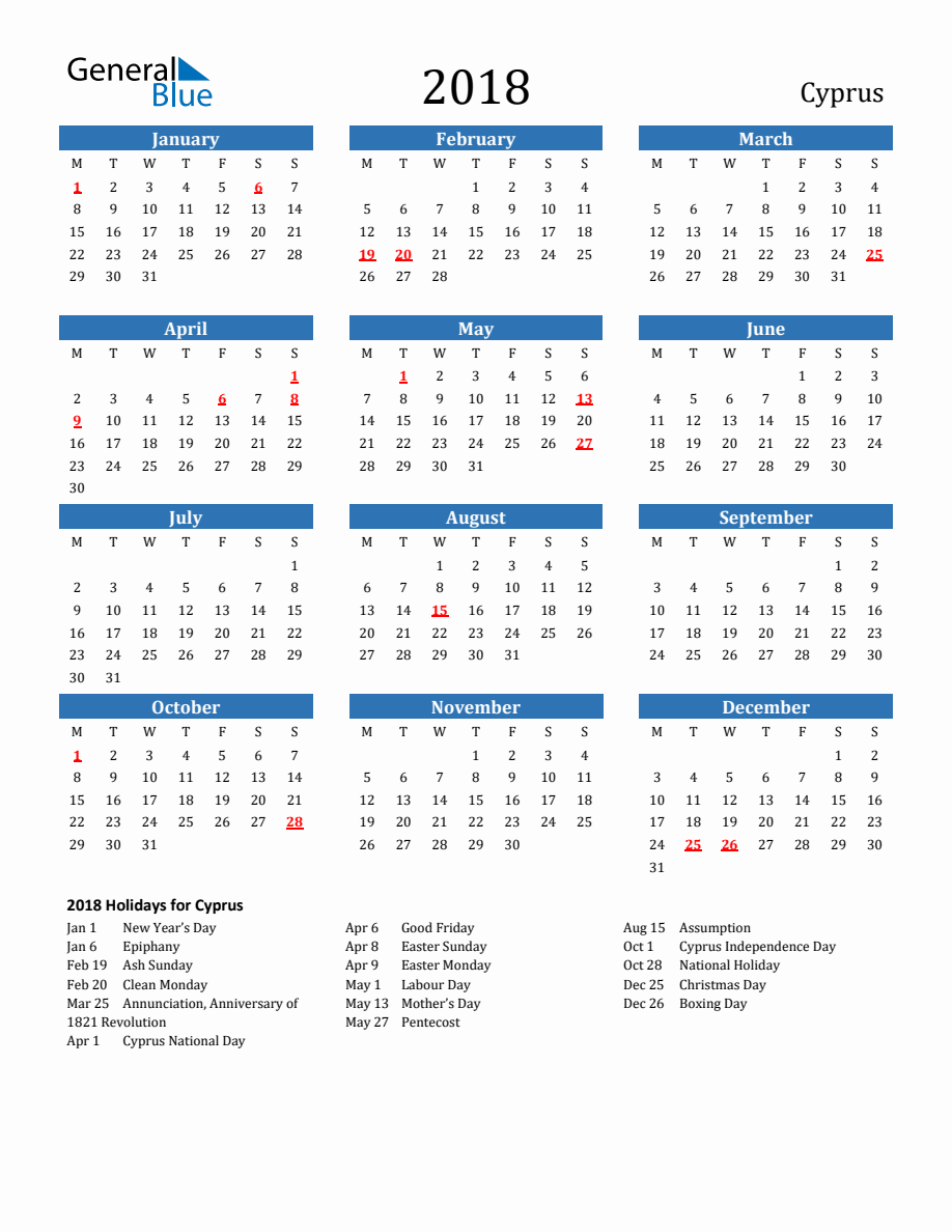 Cyprus 2018 Calendar with Holidays - Monday Start