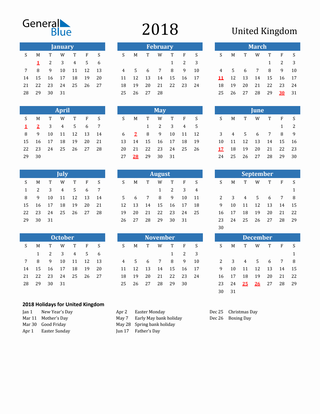 2018 United Kingdom Calendar with Holidays